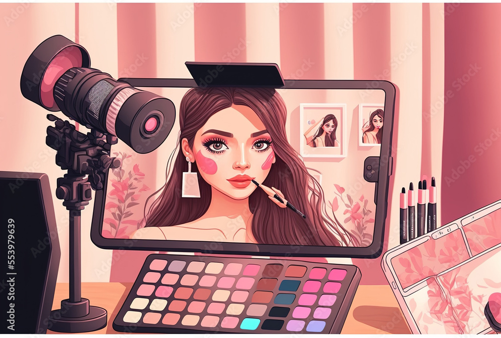 Influencer on social media using a beauty pallet while recording a ...