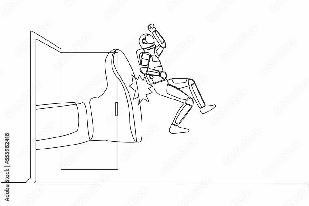 Continuous one line drawing young astronaut get kicked out of door ...
