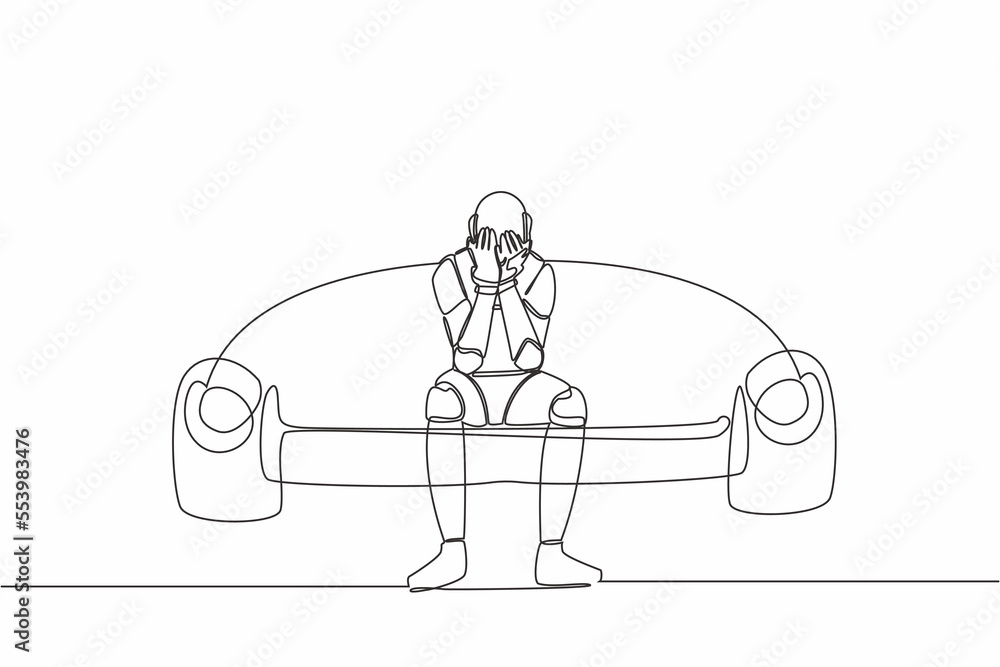 Single one line drawing lonely robot sitting on couch. Holding his head ...
