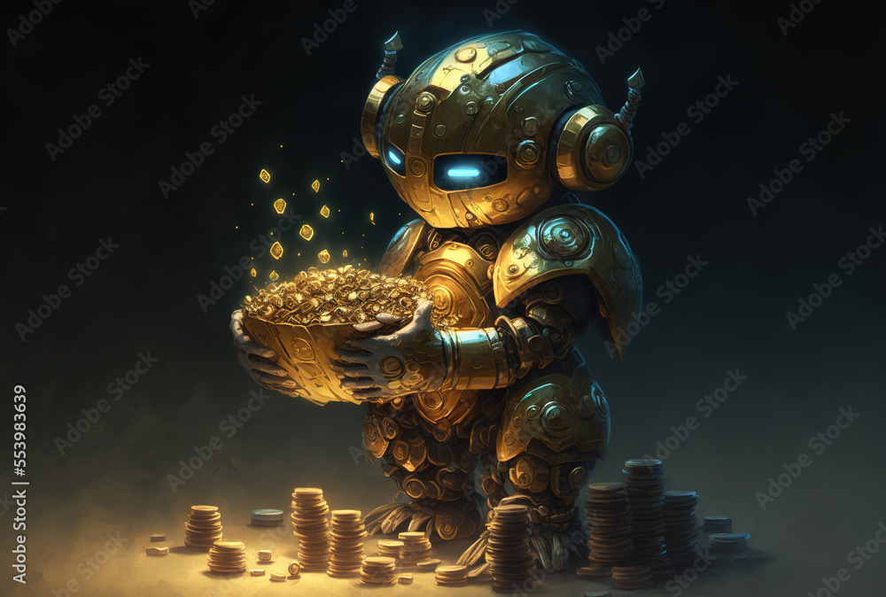 Concept for financial technology featuring a little robot holding a ...