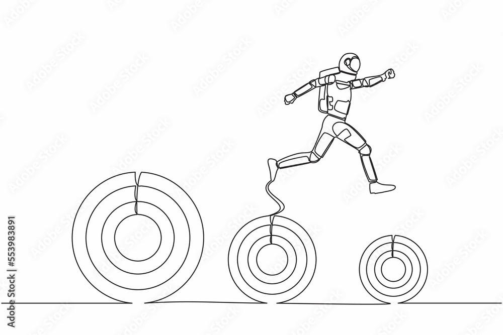 Single one line drawing astronaut jumping up higher target goals ...