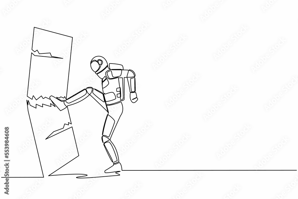 Single continuous line drawing astronaut kicked mirror and shattered ...