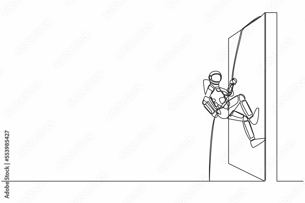 Stockvector Continuous one line drawing young astronaut climbing over ...