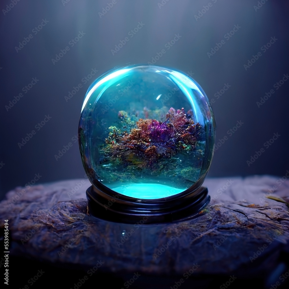 Isolated glass sphere, magic crystal ball containing a mini underwater ...