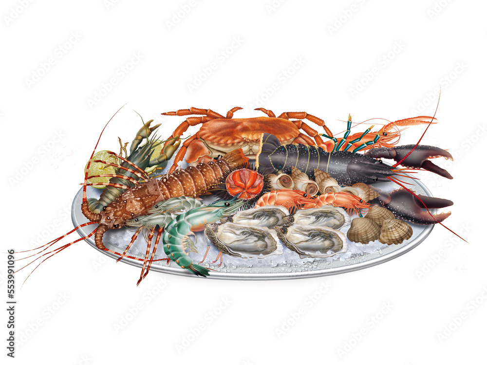 aliment, fruits de mer, écrevisse, crevette, plateau , langoustine ...