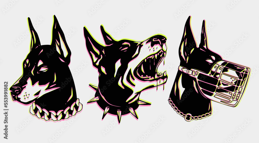 Portraits of a Doberman dog. Abstract neon style. Dog with spiked and ...