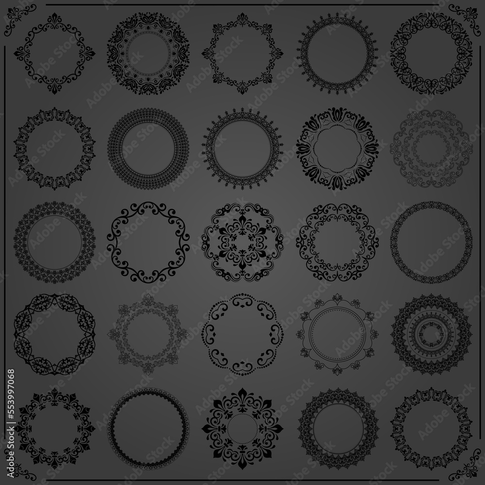 Vintage set of round elements. Dark elements for design frames, cards ...