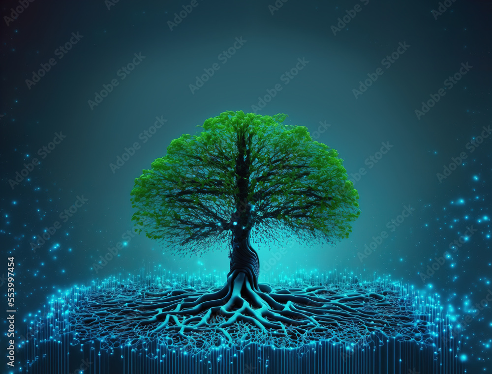 Virtual business growth, with tree emerging from network data, Ai ...