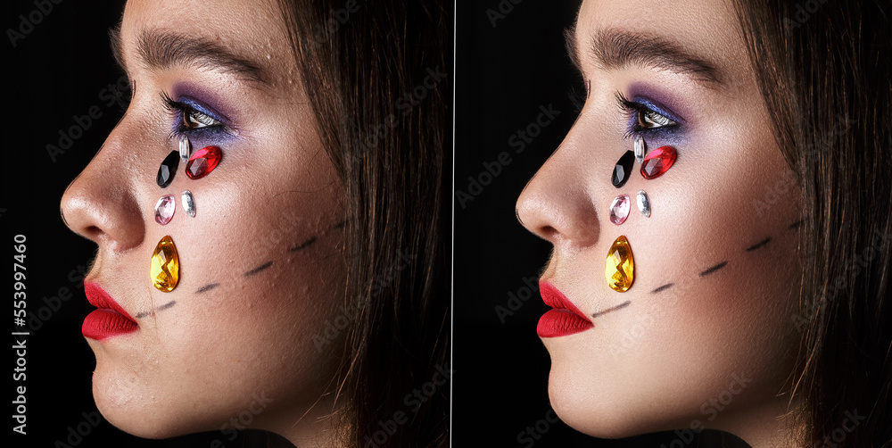 Before-after processing. Woman before and after retouch. Comparison ...