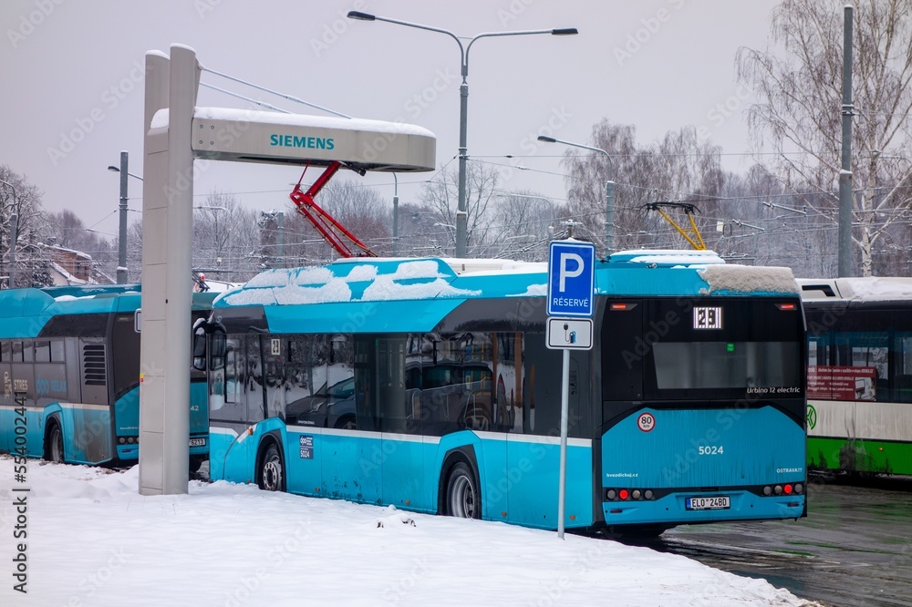 Solaris Urbino 12 Electric bus with a trolley charging at Siemens ...