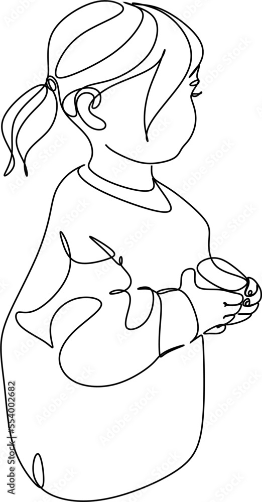 Child standing in continuous line art style. Cute toddler child black ...