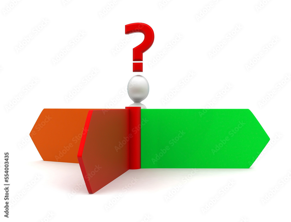 3d man with question mark over his head and looking at a tri ...