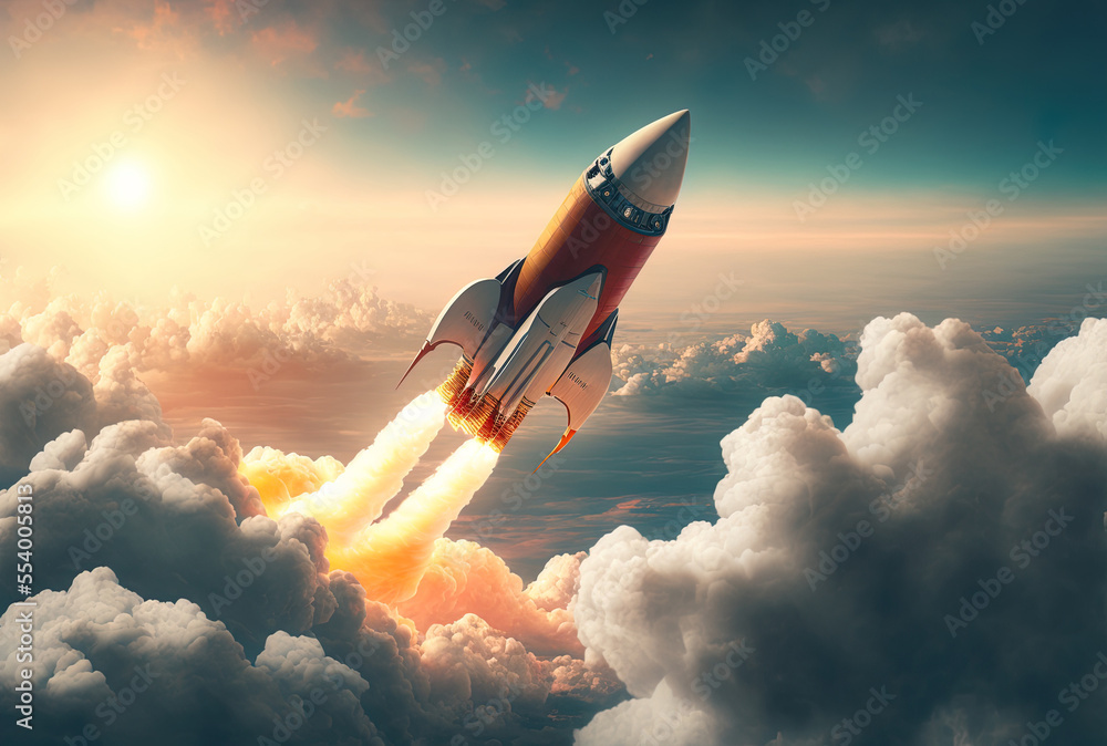 Illustration of a realistic rocket launch with a spaceship soaring over ...