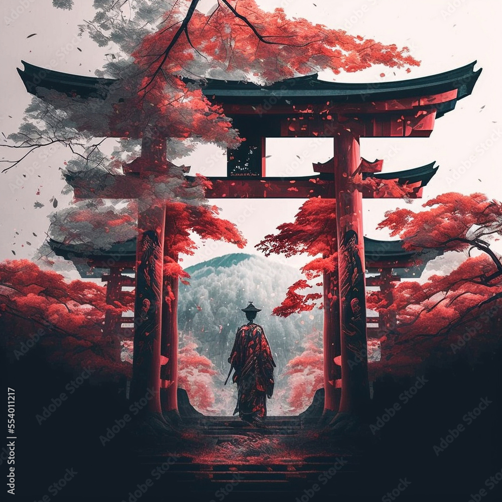 ภาพประกอบสต็อก Shinto Shrine with red maple trees in Japan. Designed ...