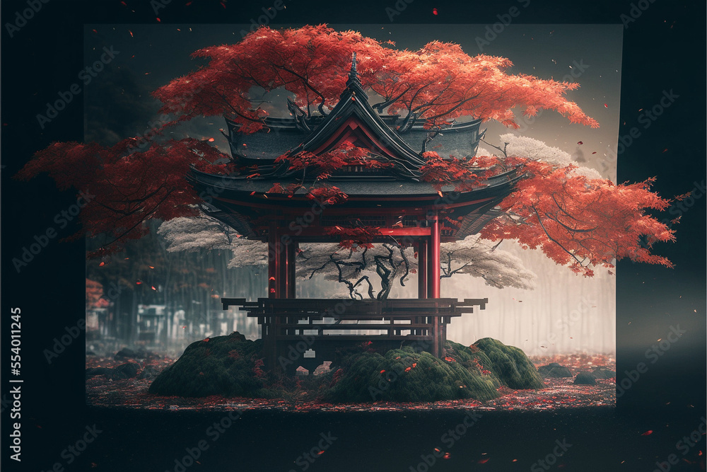 Shinto Shrine with red maple trees in Japan. Designed using Generative ...