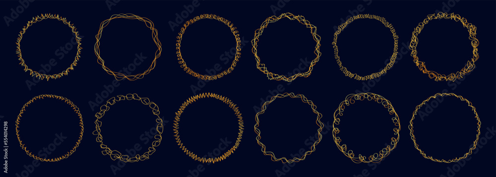 Collection of 12 doodle sketchy round frames with luxury golden hand ...