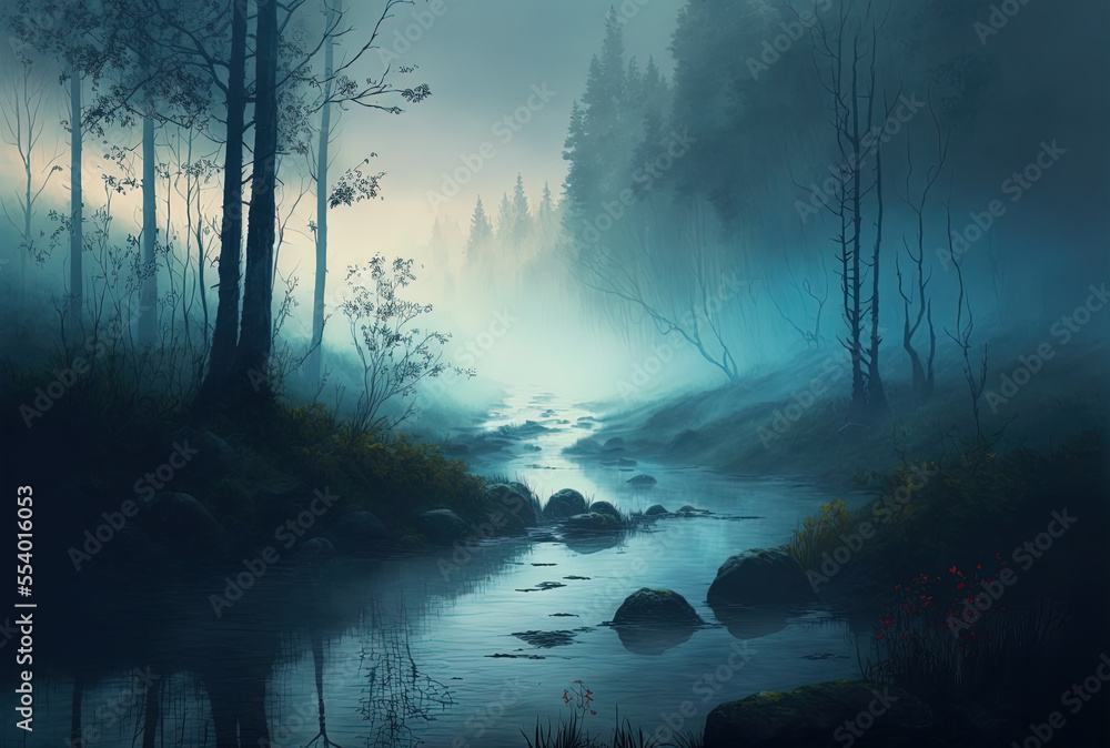 Mystery River, fog, and deep forest. Background fantasy. Conceptual art ...