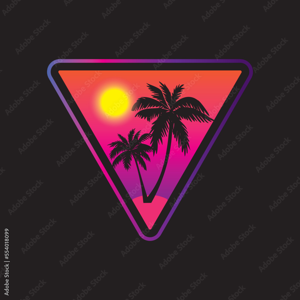 1980's inspired triangle patch design with palm trees and sunset, t ...
