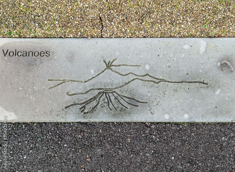 A plaque in the ground showing the involvement of volcanoes as part of ...