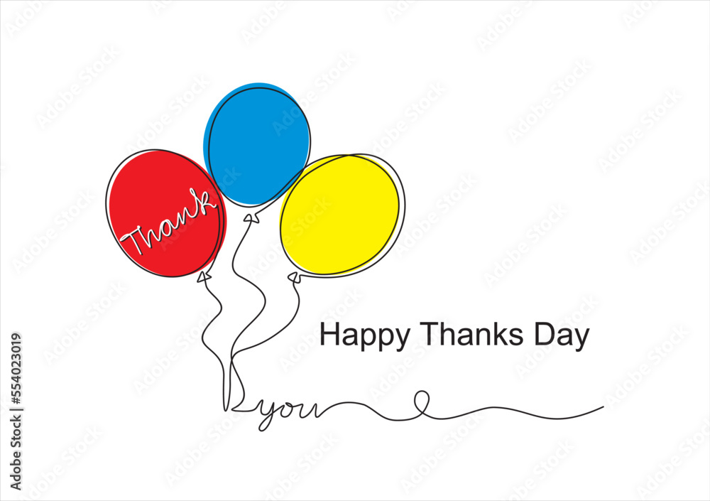 Continuous one line drawing of balloons with inscription "thank you ...