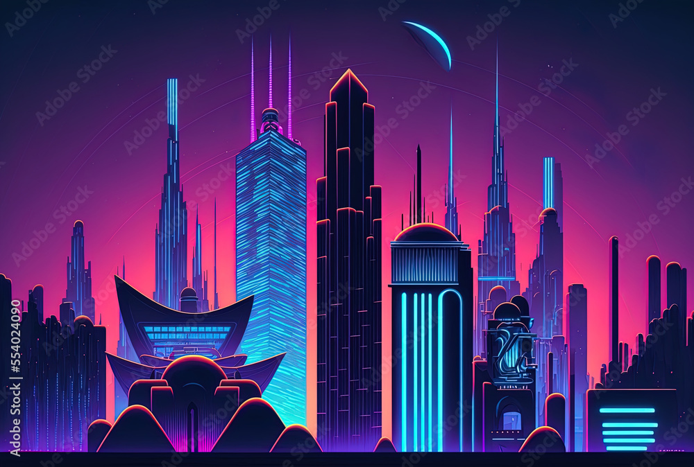 Future city cartoon banner. skyscrapers and neon buildings in ...