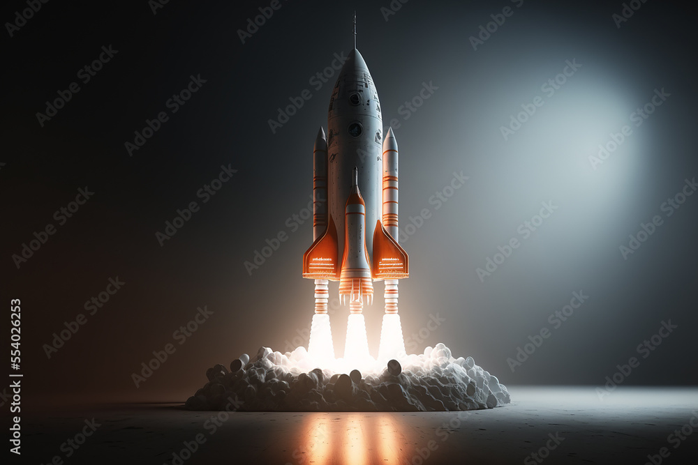 CGI art. Dynamic view of sci-fi rocket ship about to launch Stock ...