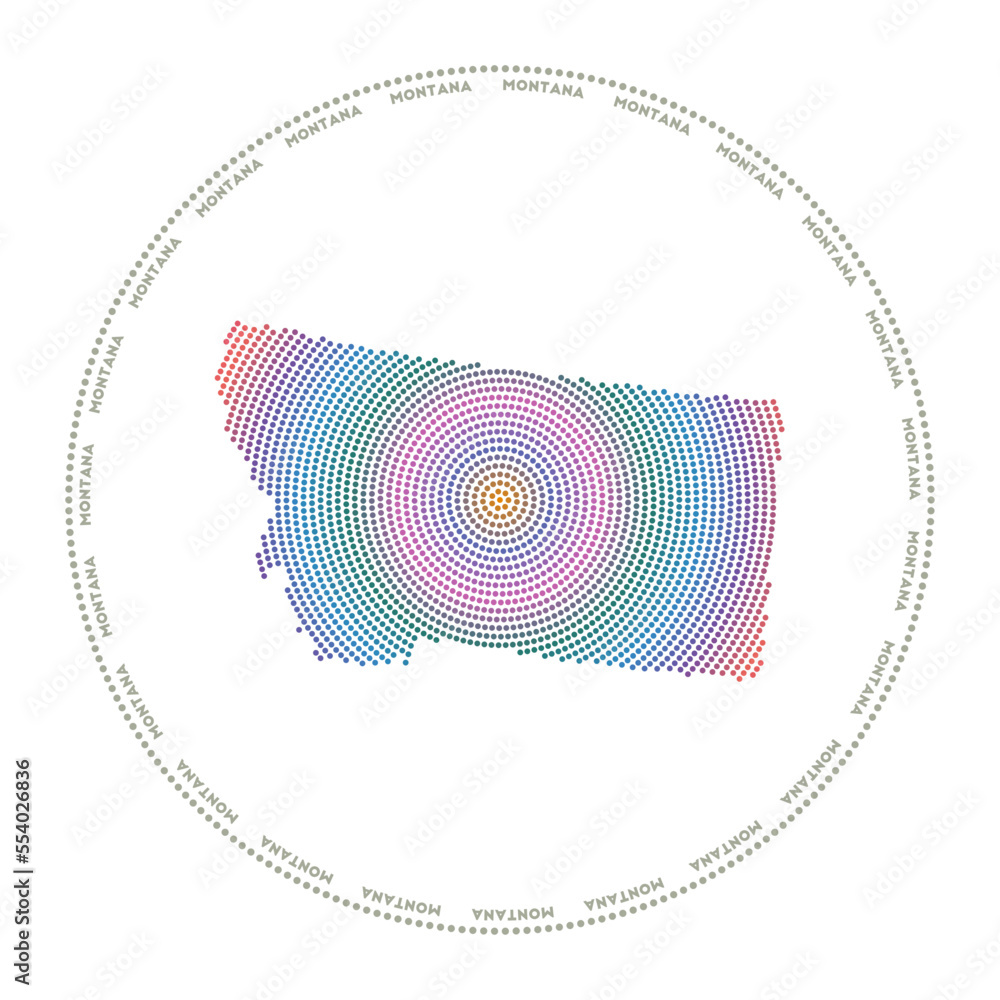 Montana round logo. Digital style shape of Montana in dotted circle ...