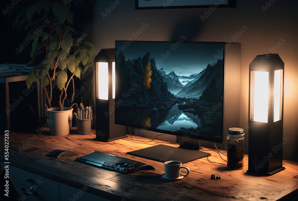 At night, a home office in the living room has a mock up contemporary PC desktop computer and ...