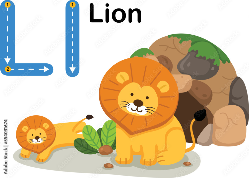 Alphabet Letter L-Lion with cartoon vocabulary illustration, vector ...