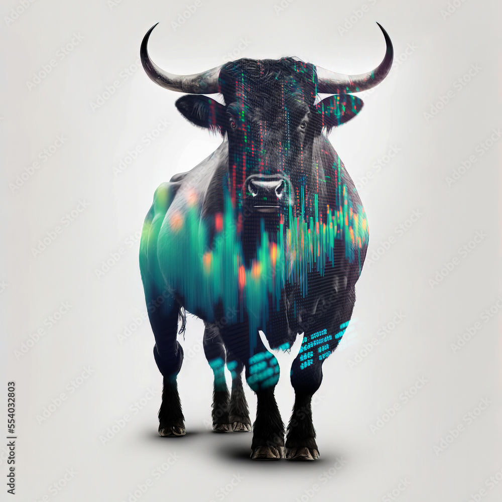 Stock market bull market trading graph. Silhouette of a bull with ...