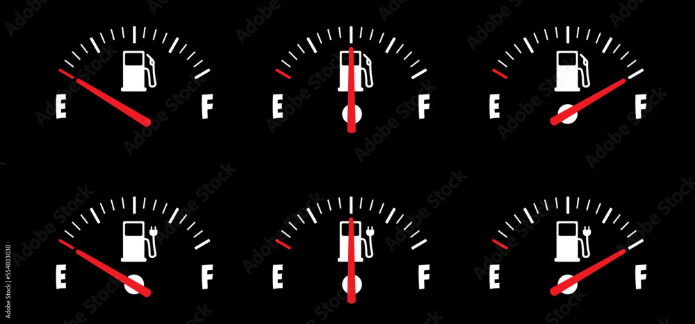 Cartoon fuel gauge. Car flling station. Petrol pump or electric plug ...