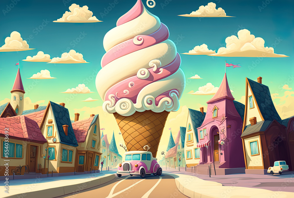 Art that is original and creative Ice cream town as a backdrop ...
