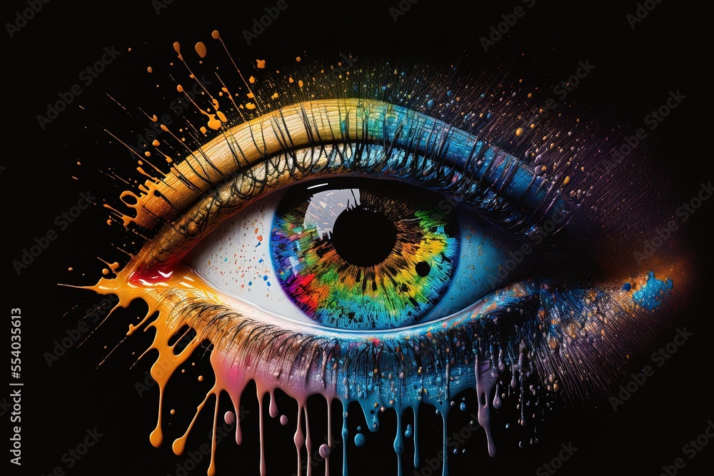 Generative AI, human eye close up with colorful paint , ink splashes ...