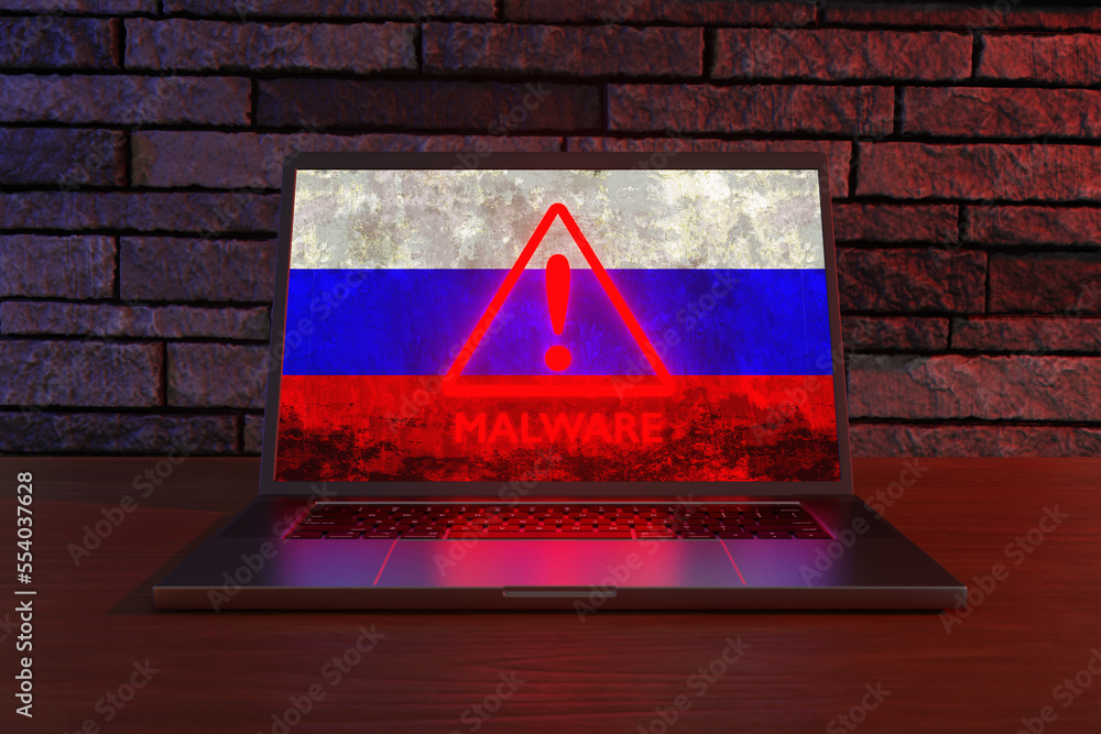 Laptop showing the national flag of Russia and a warning sign of ...