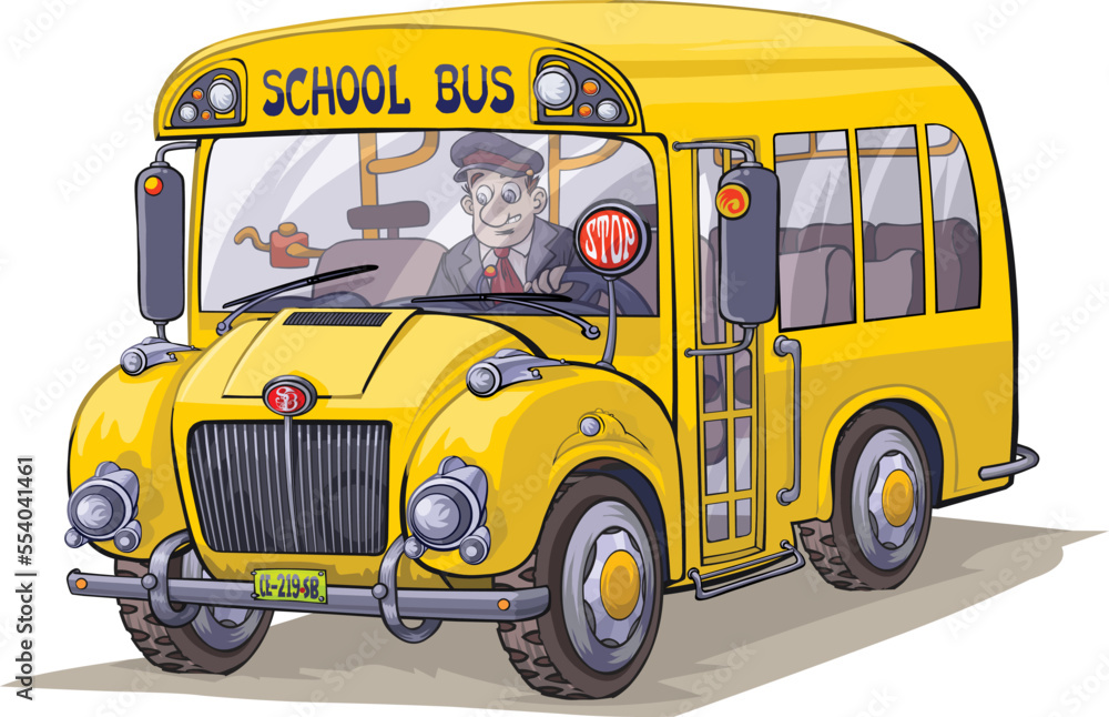 Cartoon image of an old school bus. All is in separate layers, for easy ...