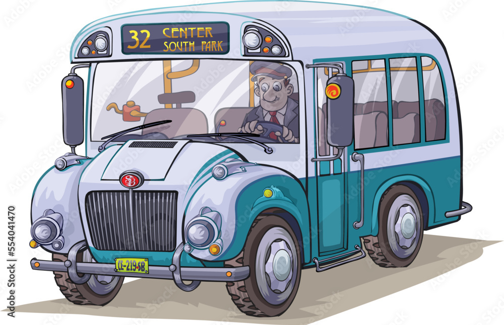 Cartoon image of an old city bus. All is in separate layers, for easy ...