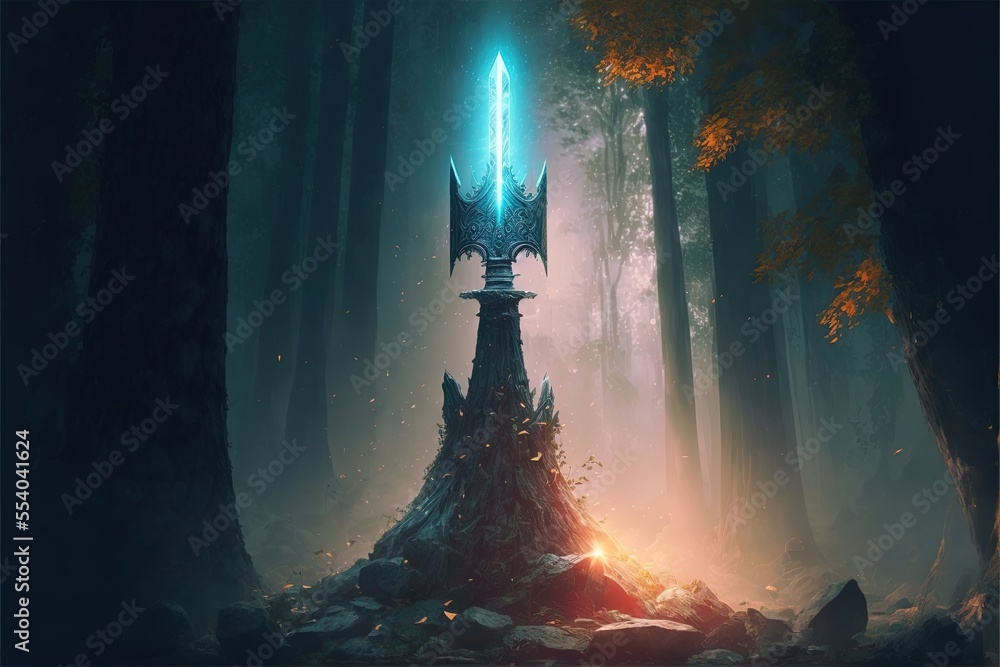 Excalibur, sword in the stone with light rays in a dark forest. Digital ...