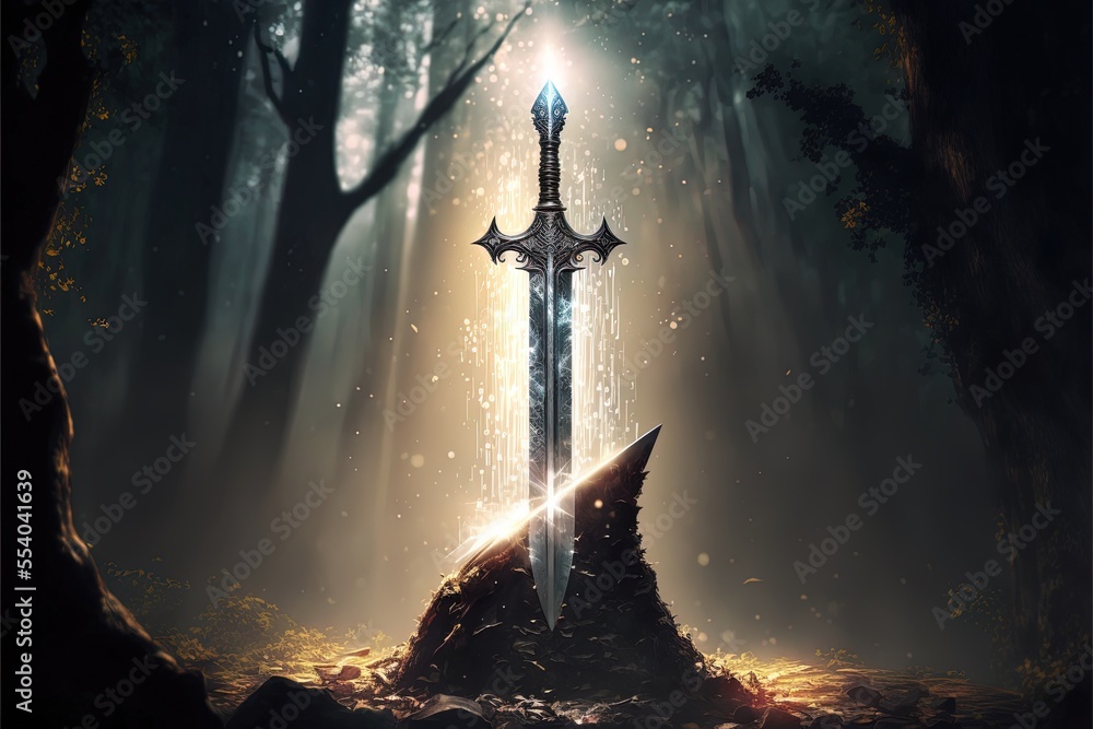 Excalibur, sword in the stone with light rays in a dark forest. Digital ... Excalibur, sword in the stone with light rays in a dark forest. Digital ...