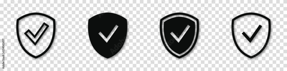 Shield check mark icon set. Protection approve sign. Safe icon. Tick ...