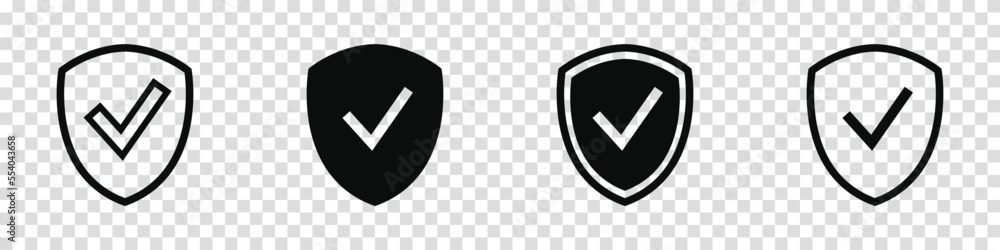Shield check mark icon set. Protection approve sign. Safe icon. Tick ...