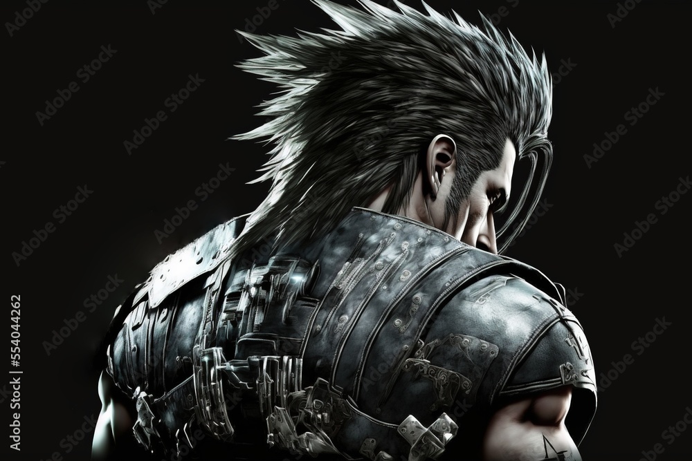 ภาพประกอบสต็อก A strong anime warrior with spiky black hair and armor ...