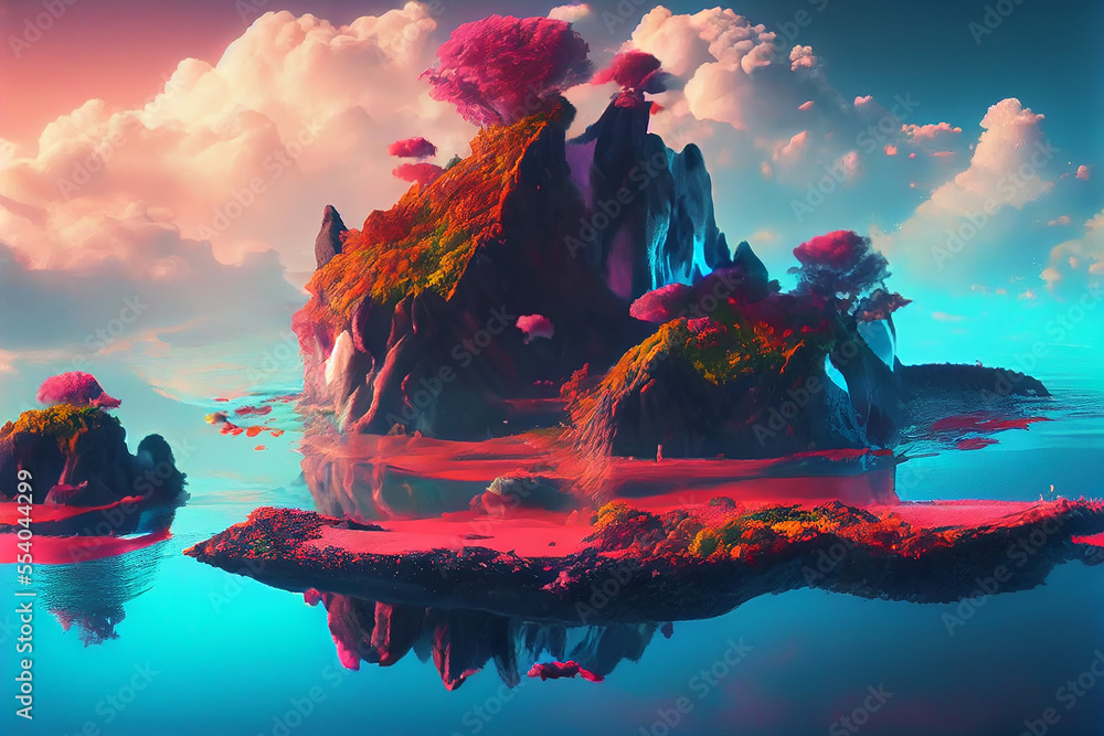 Fantasy Sky Island, Floating Island with Pools of Water and Trees Stock ...