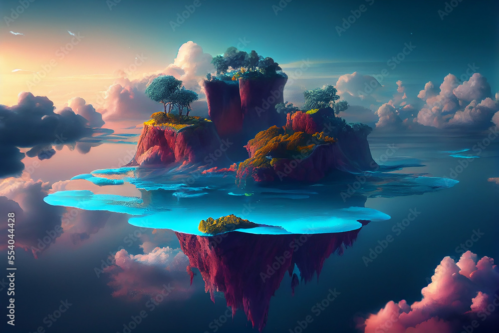 Fantasy Sky Island, Floating Island with Pools of water and Trees Stock ...