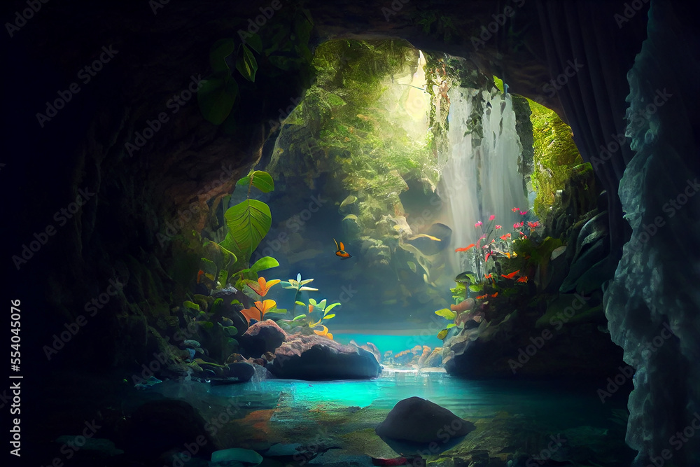 Waterfall inside a Cave, Beautiful Vegetation, Cave Entrance Stock ...