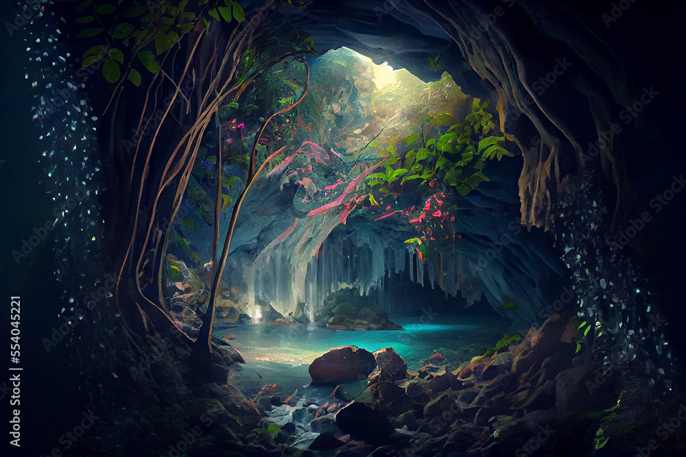 Waterfall inside a Cave, Beautiful Vegetation, Cave Entrance Stock ...
