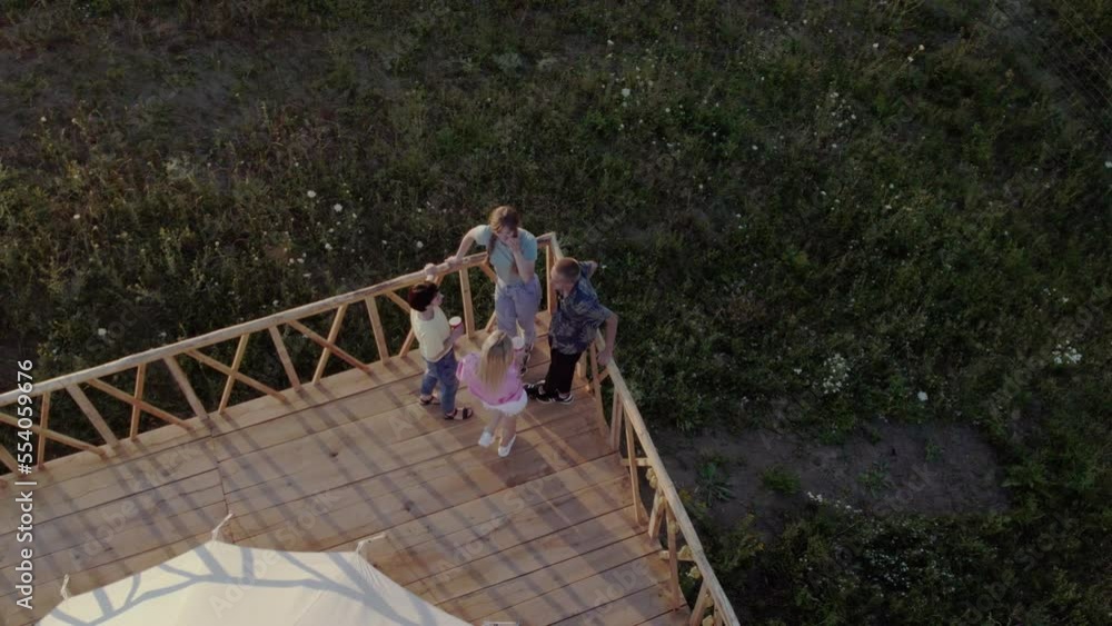 Modern campsite place in the middle of nature taking video with drone ...