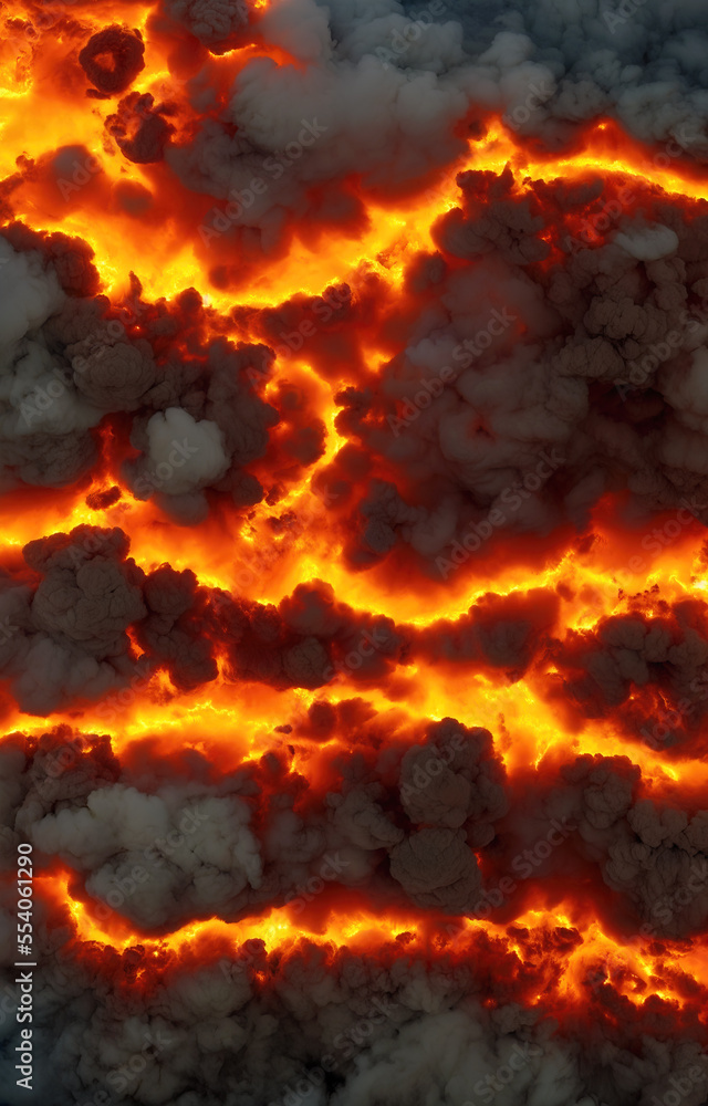 Aerial photography of a fiery landscape, with molten lava flowing and ...