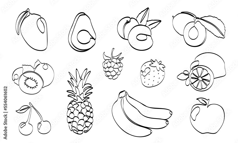 Continuous one line drawing fruits. Vector illustration. Black line art ...