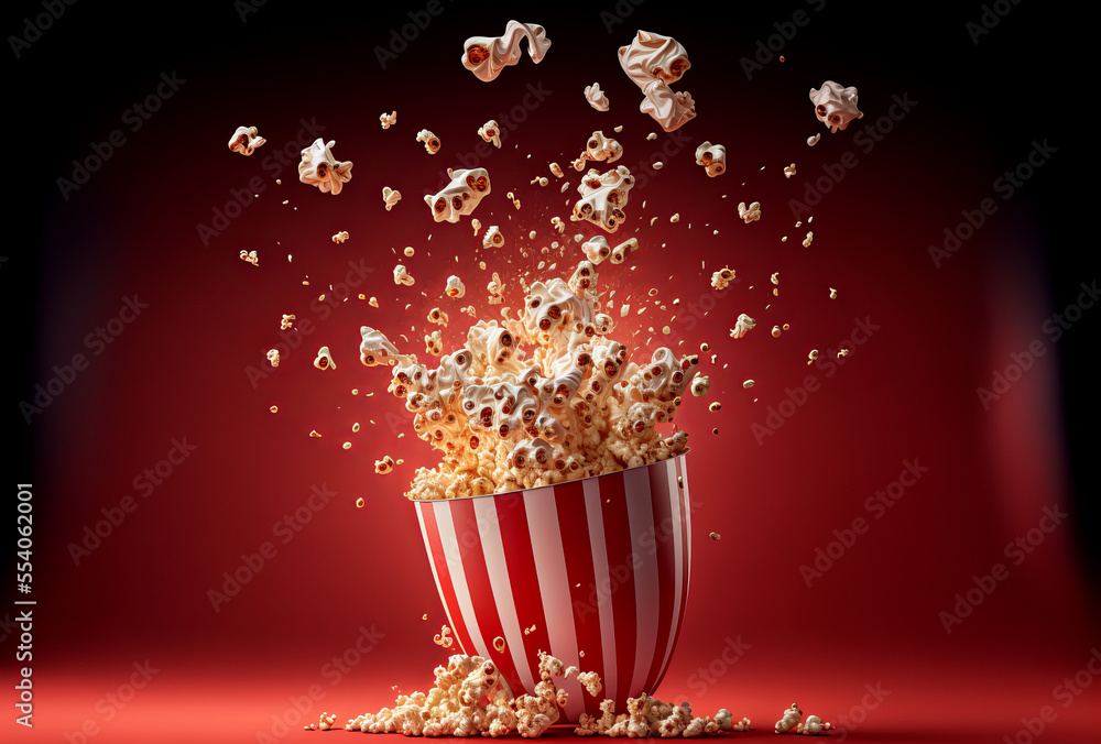 Carton of popcorn exploding on a red background. flying popcorn ...