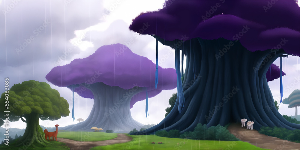 Fantasy anime landscape with clouds and trees: alien trees with a ...